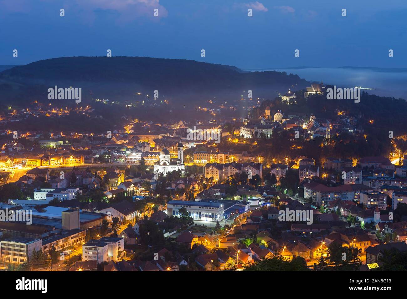 Sighisoara medieval town. night cityscape, Romania Stock Photo - Alamy