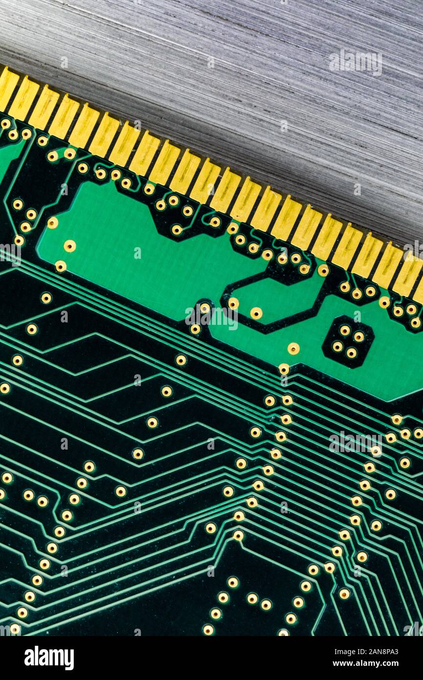 Close up of computer Ram circuit board on brushed metal background ...