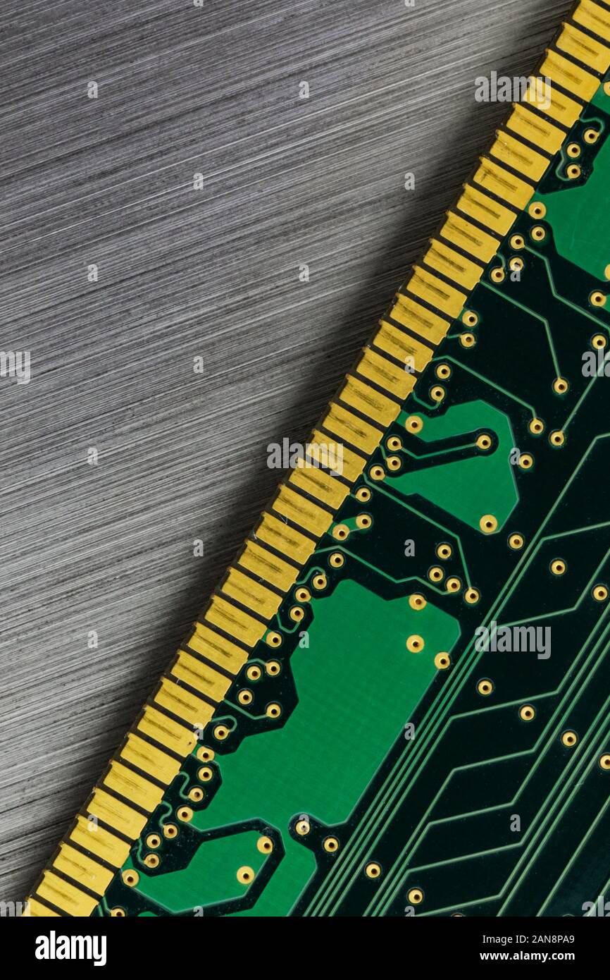 Close up of computer Ram circuit board on brushed metal background ...