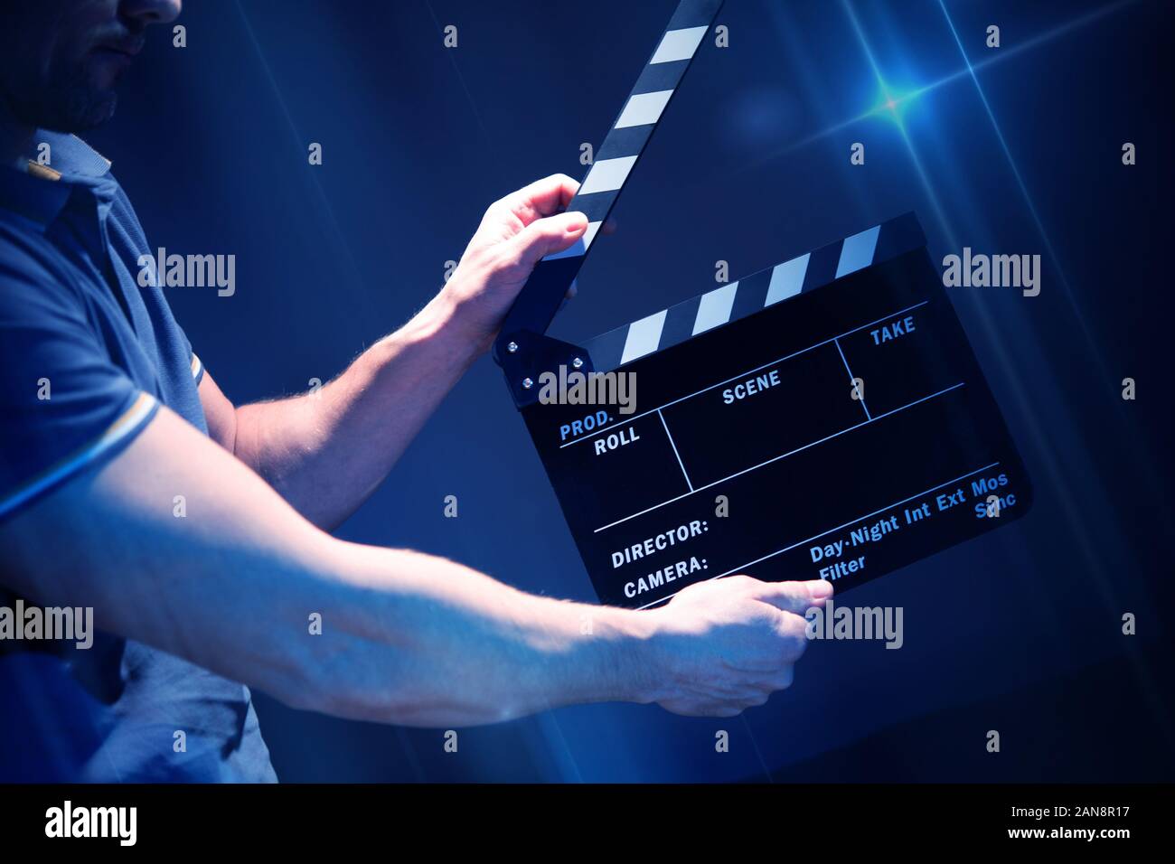 Film Stage Worker with Clapperboard in Hands. Movie Scene Marking Stock ...