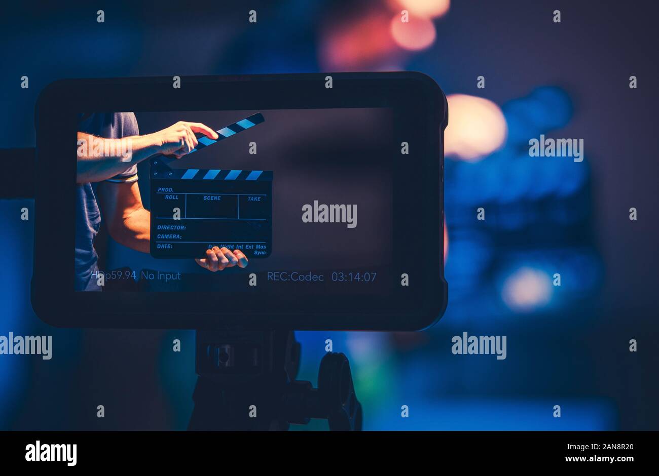 Film Production Reference Monitor. Modern Video Making Equipment. Men ...