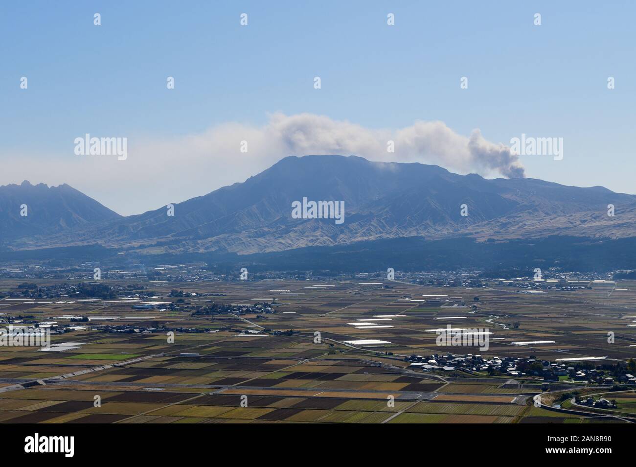 Landscape view of mountain Aso nakadake volcano with smoke at Kumamoto ...
