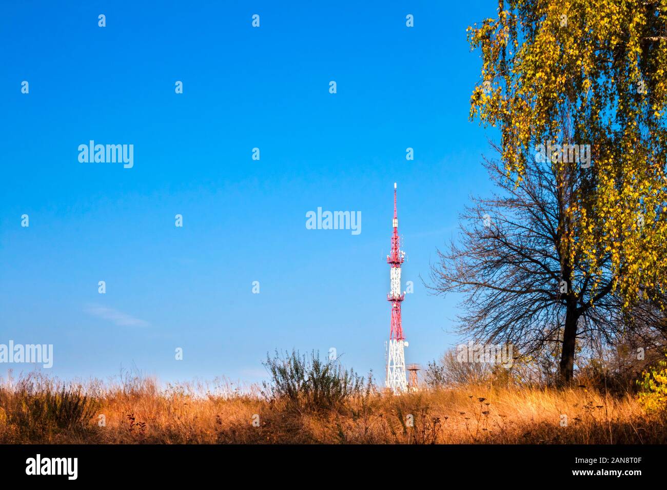 Radar station with towers among colorful autumn nature. Lysa Hora, Kiev ...