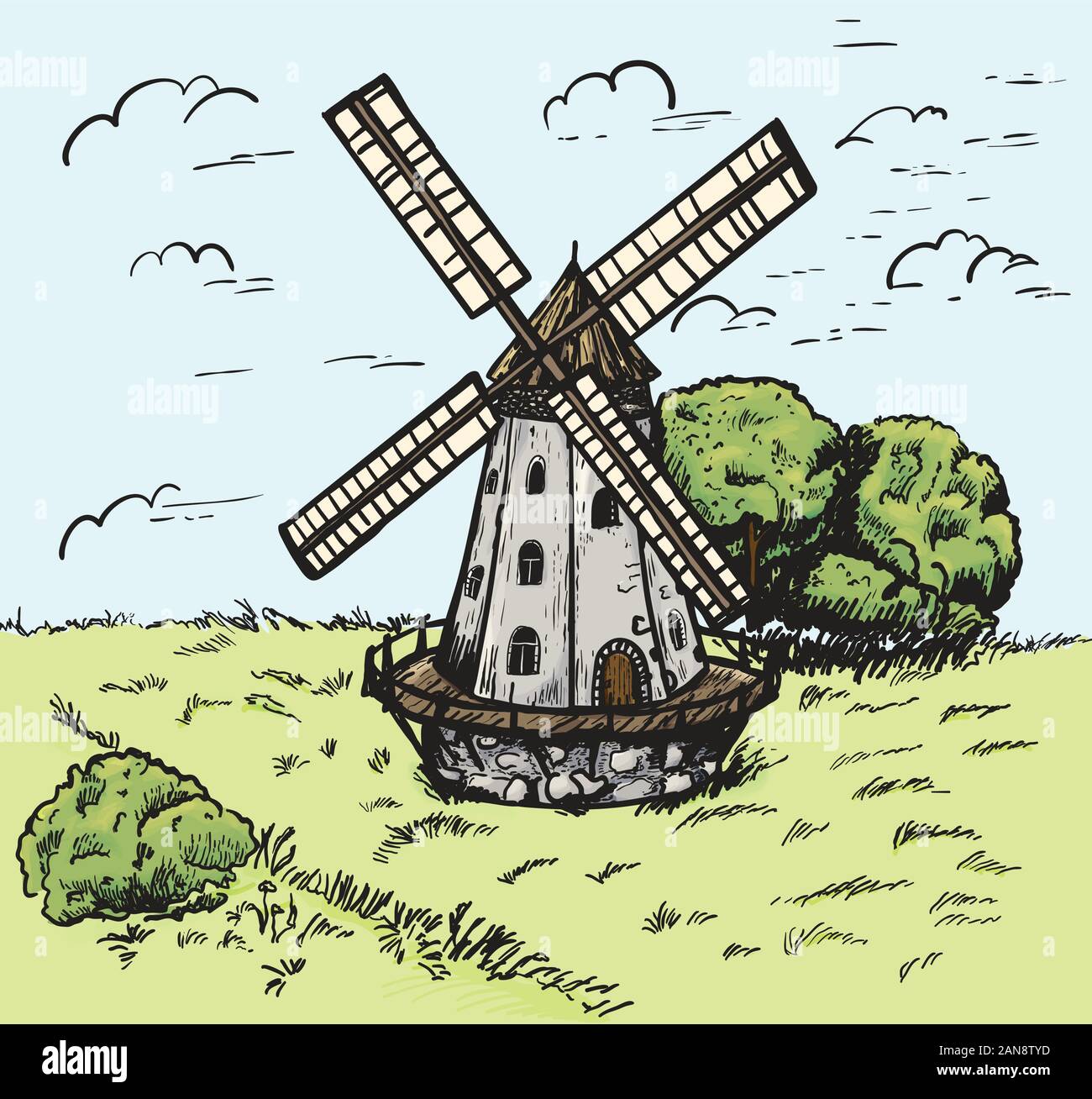 Windmill. Hand drawn sketch of mill. Engraving vintage style vector ...