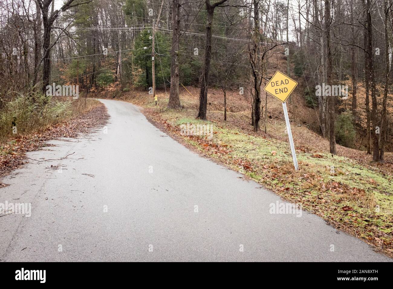 A dead end sign bent at an angle on the side of an emtpy rural road ...