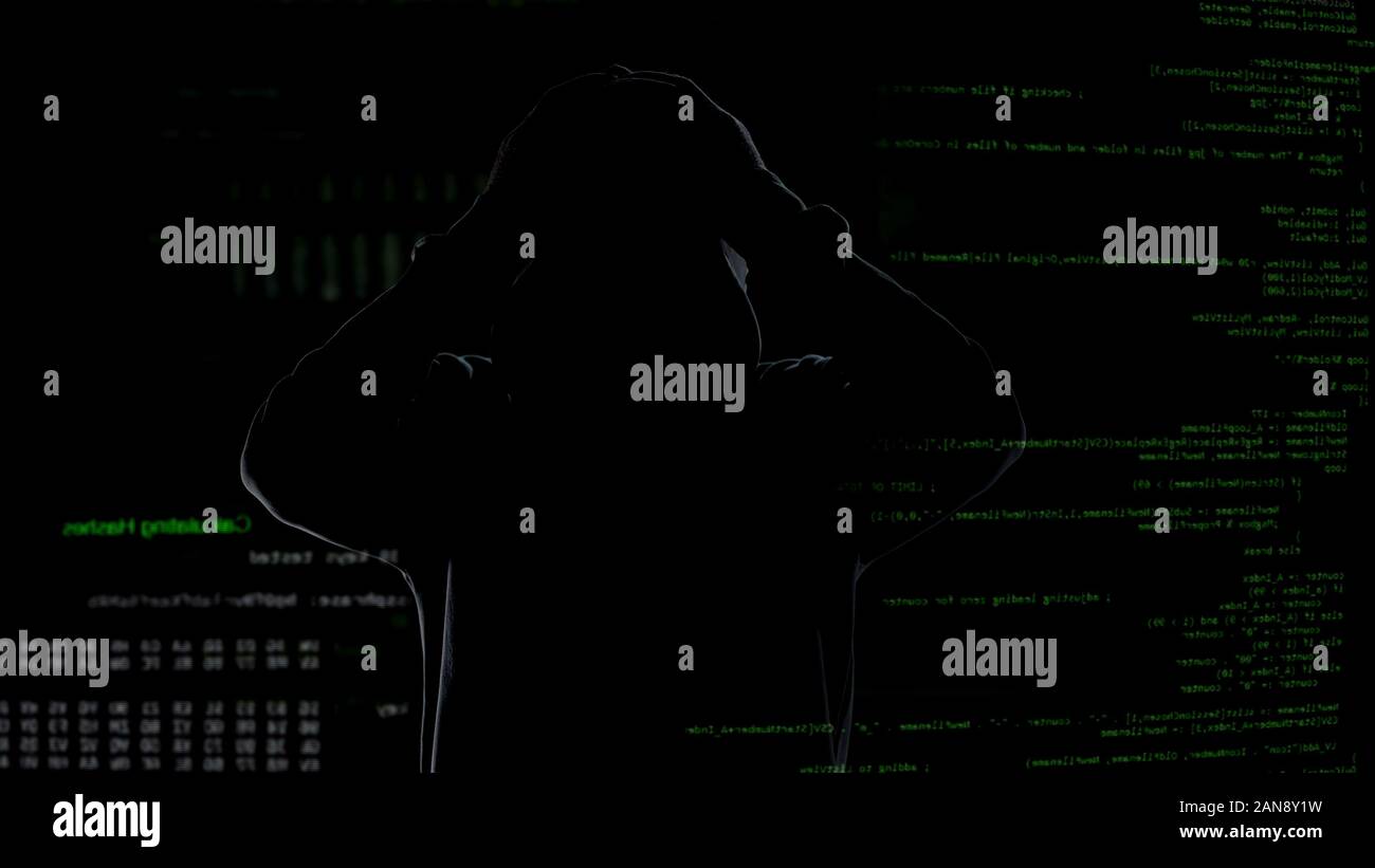 Hacker shadow touching head against codes background, unsuccessful ...