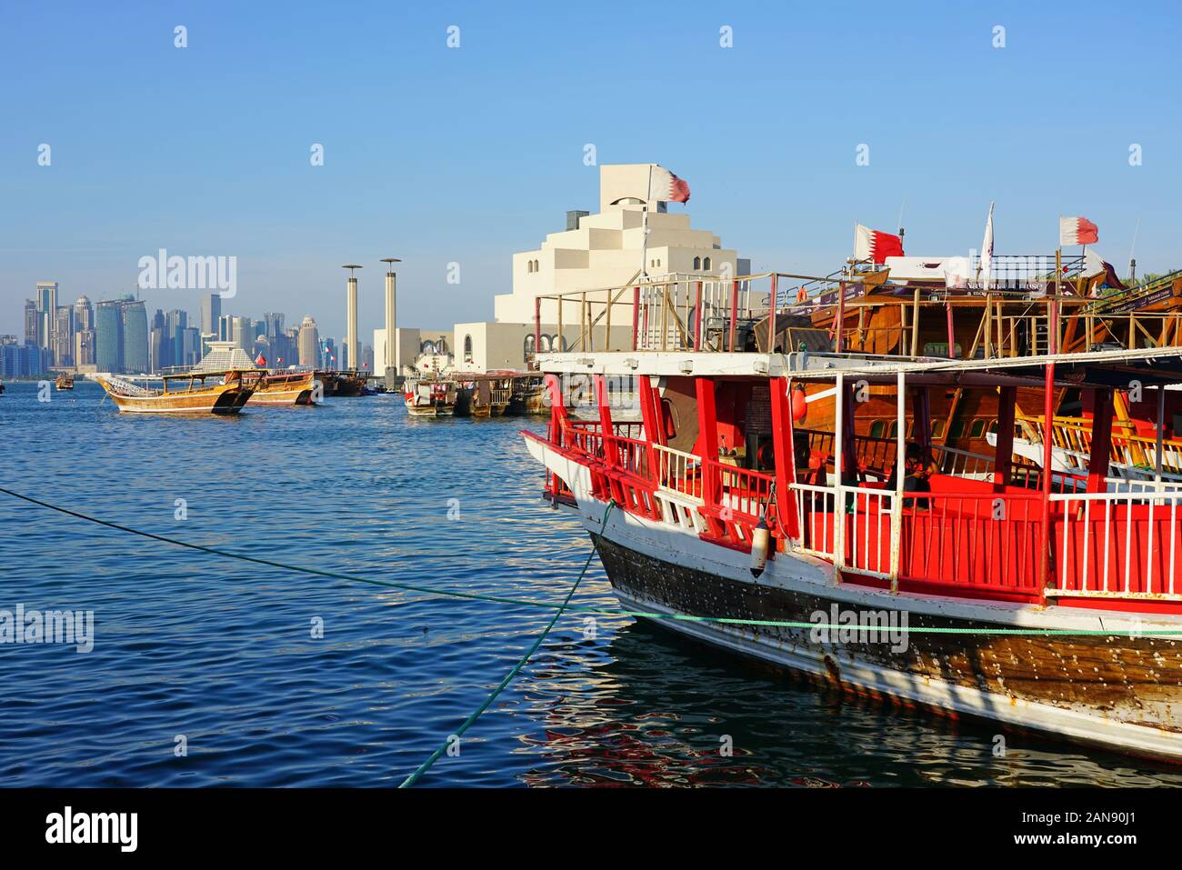 DOHA, QATAR -11 DEC 2019- View of traditional dhow wooden boats in ...