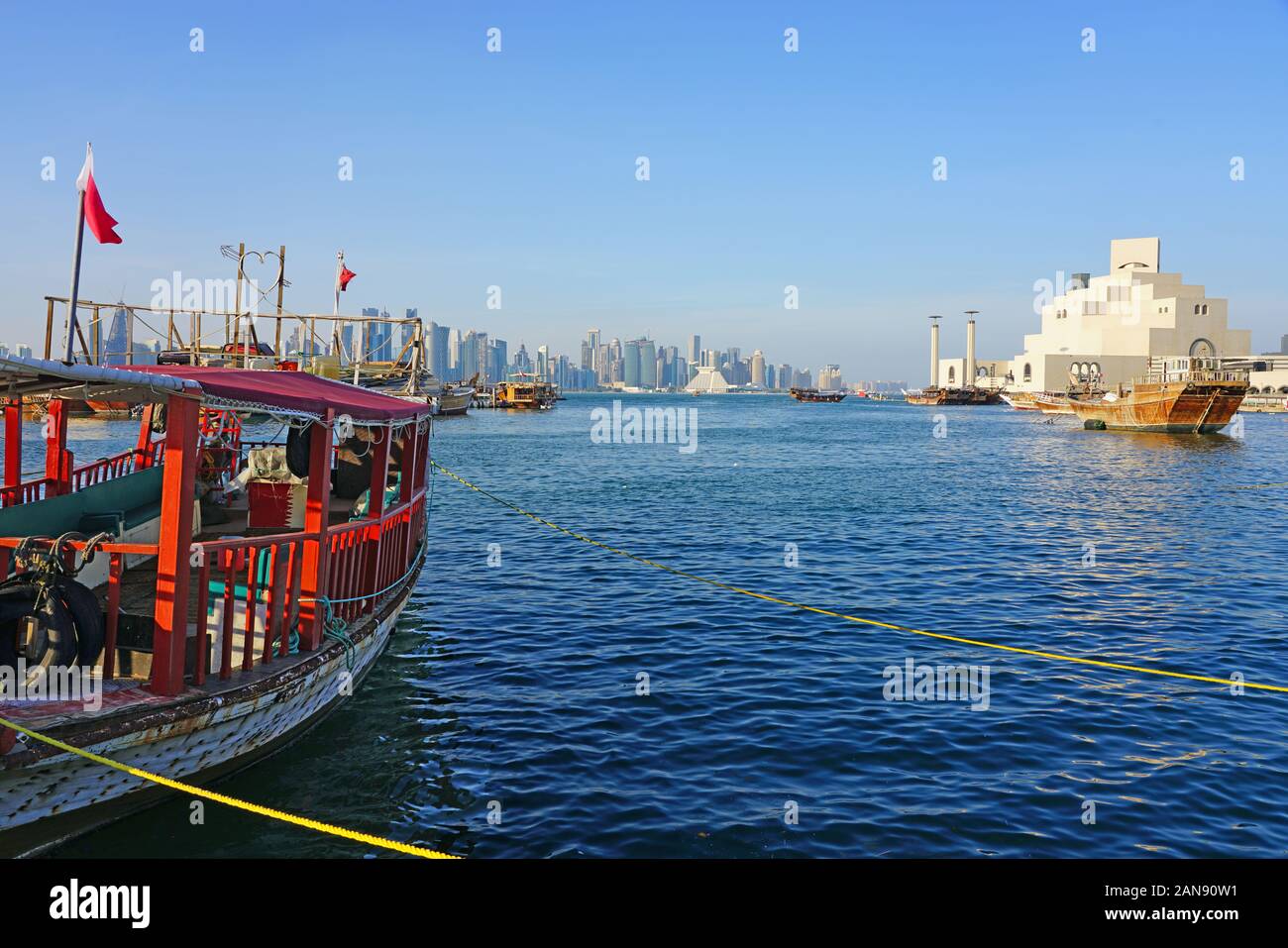 DOHA, QATAR -11 DEC 2019- View of traditional dhow wooden boats in ...