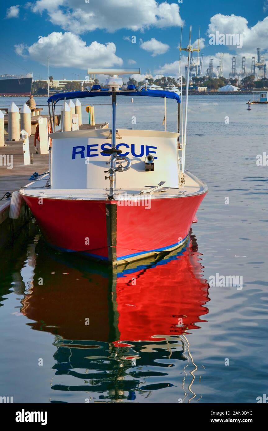 Red Rescue Boat in Long Beach Stock Photo - Alamy