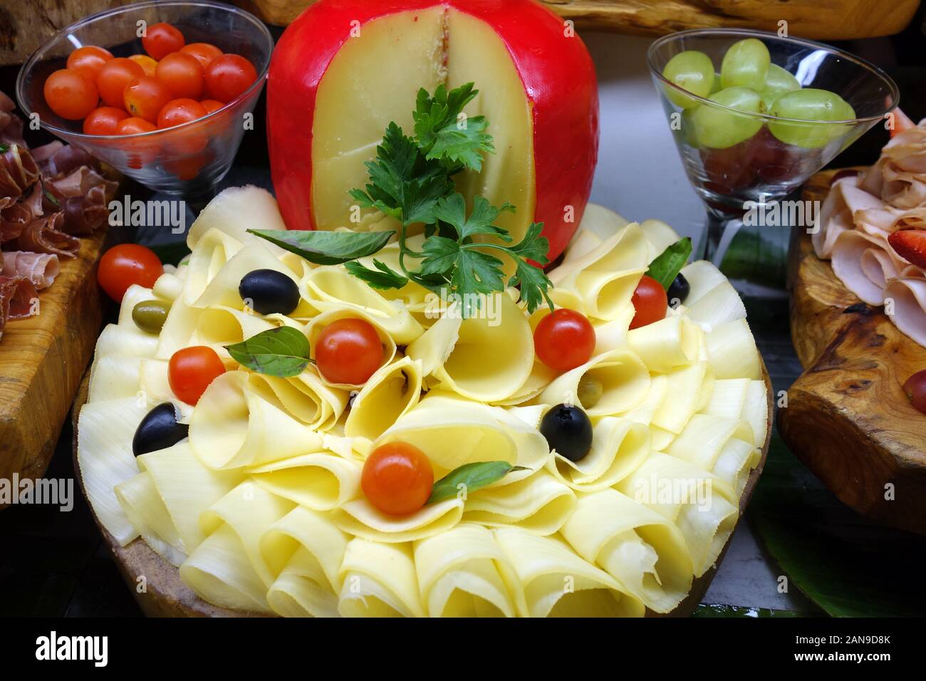 Dutch Edam Cheese Edam Boule & Rolled Slices on Display in the Buffet ...