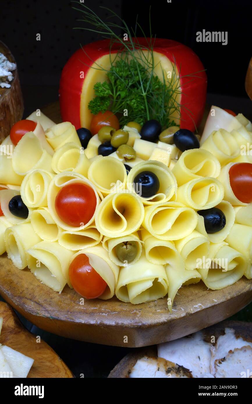 Dutch Edam Cheese Edam Boule & Rolled Slices on Display in the Buffet ...