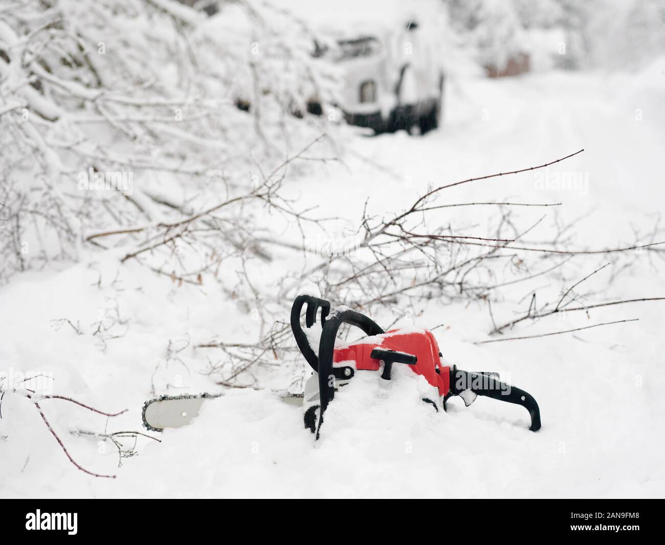 Cutting fallen tree with a chainsaw, a car in the blurred background ...