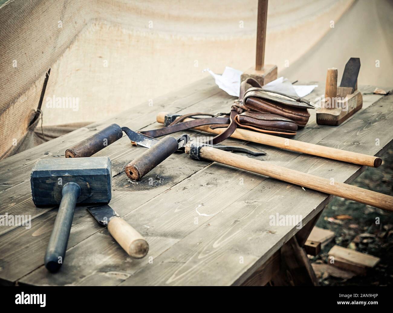 Old woodworking hand tool: wooden plane, chisel ax, sledgehammer ...