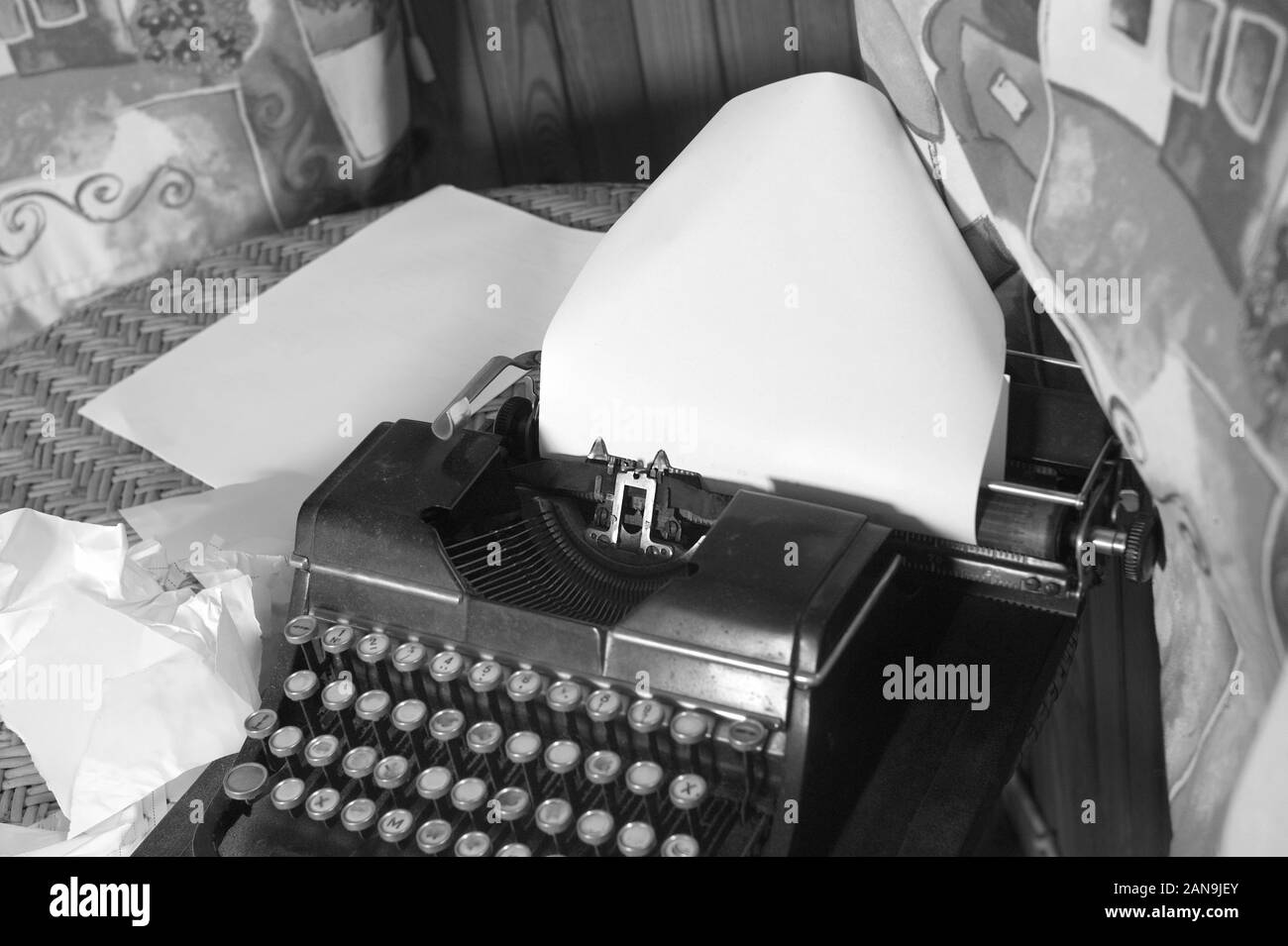 Interior with a typewriter on the table, in black and white Stock Photo ...