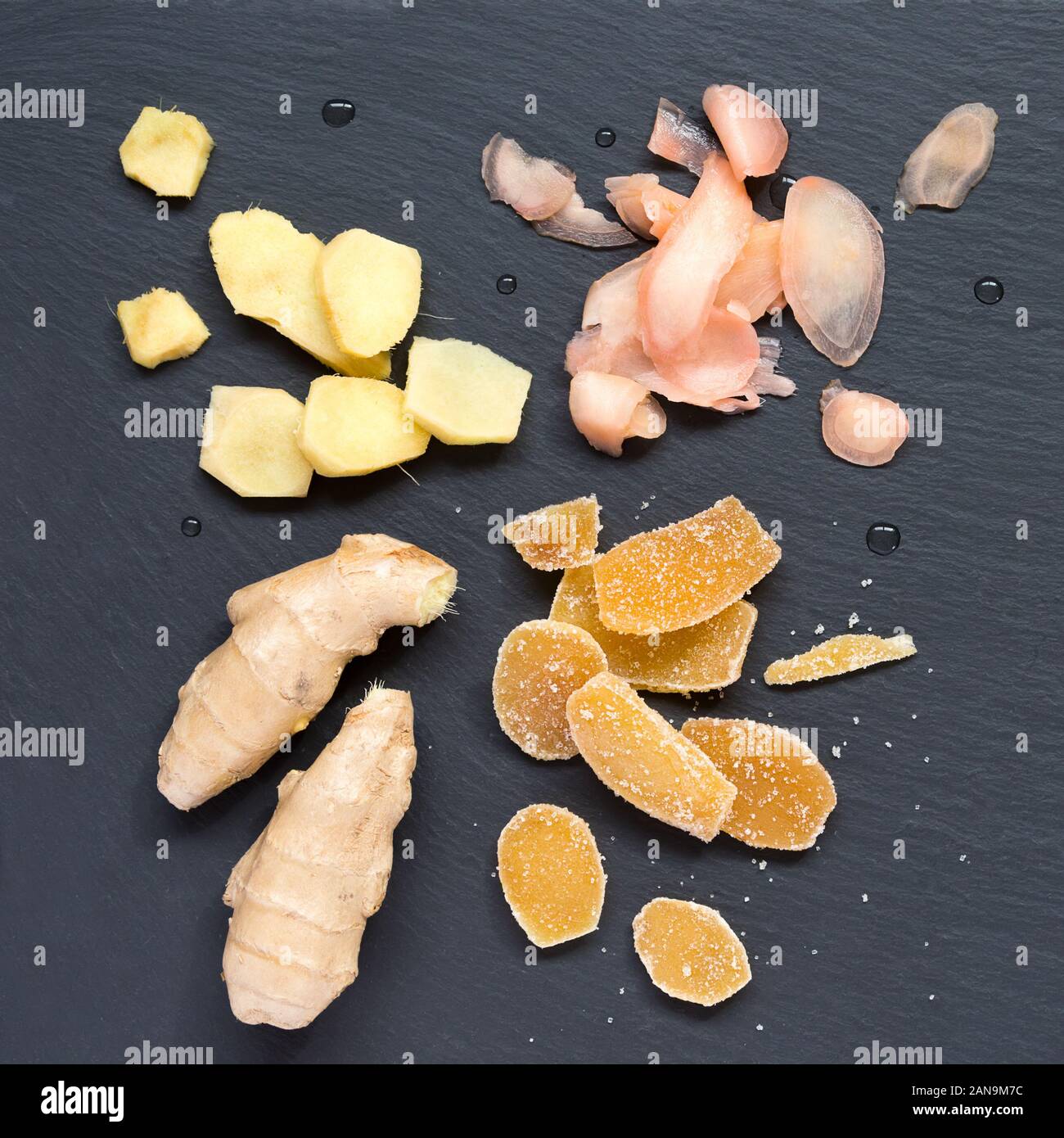 Selection of different stages of ginger from whole root to marinated ...