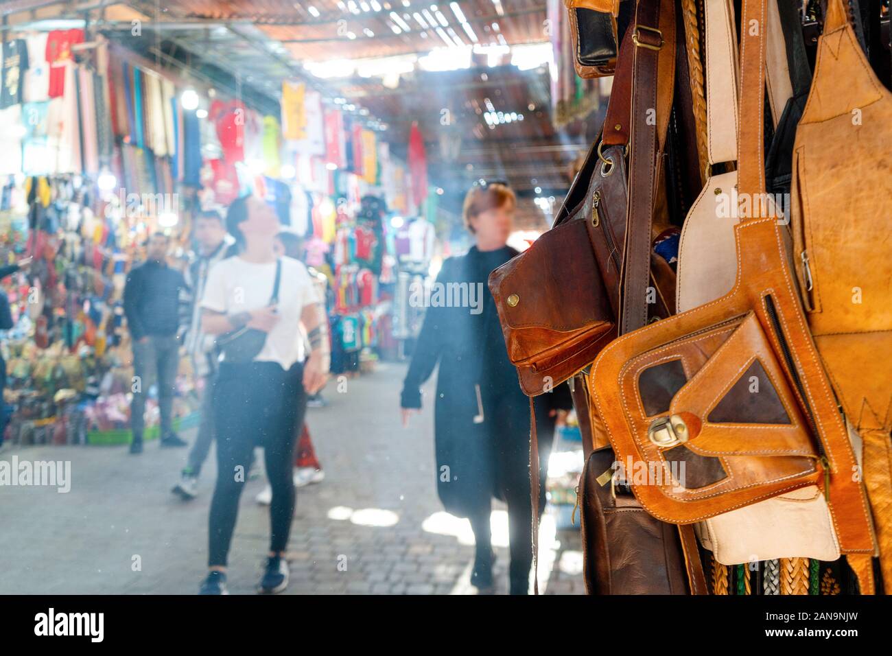 Market with leather bags in medina of Marrakech, Morroco Stock Photo ...