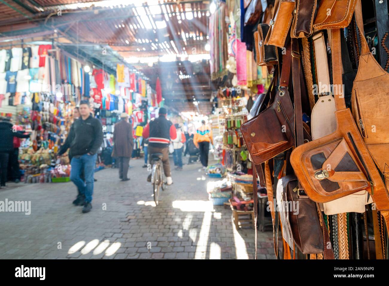 Market with leather bags in medina of Marrakech, Morroco Stock Photo ...