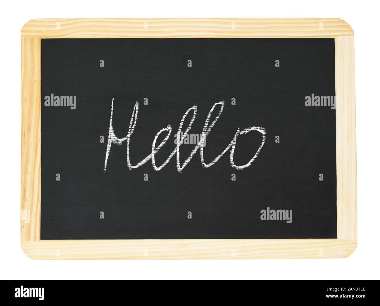 Black chalkboard with wooden frame and lettering Hello isolated on ...