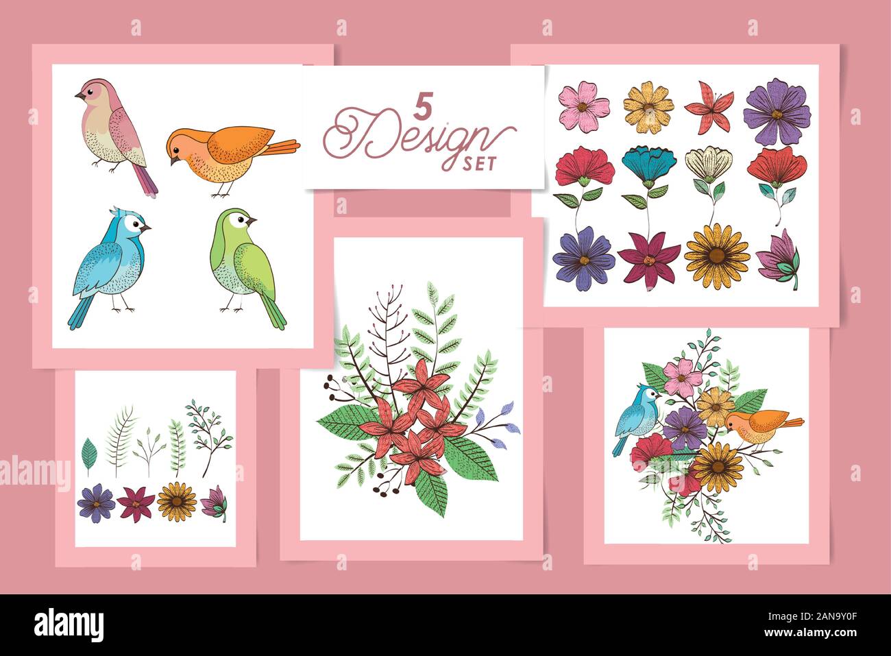 five designs of flowers and cute birds Stock Vector Image & Art - Alamy