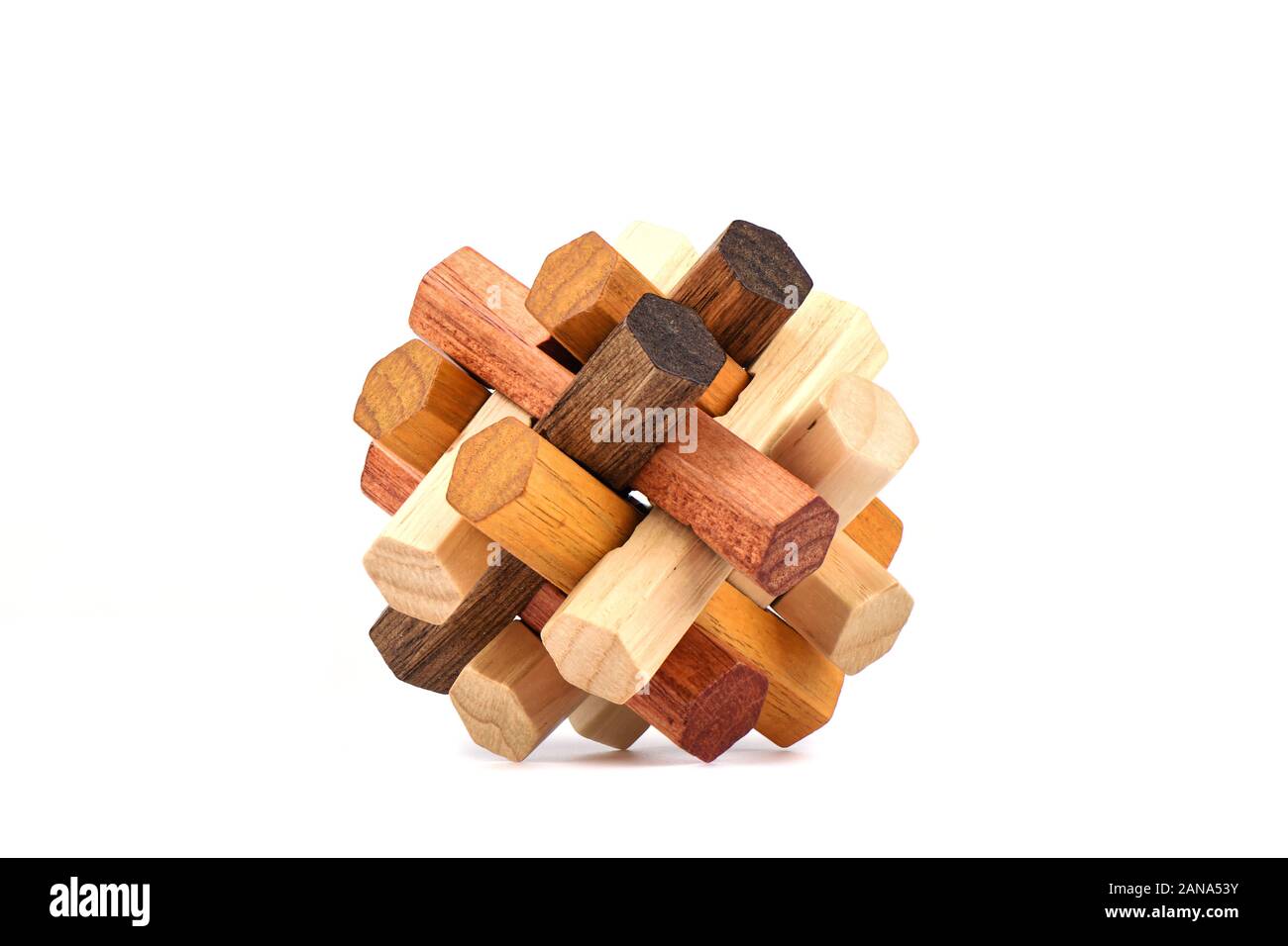 Puzzle hexagon spike isolated on a white background. Wooden details ...