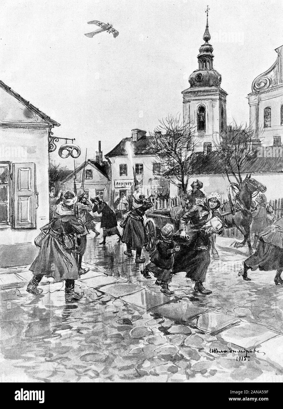 WWI drawing of the German airplane attacking Poland - original drawing ...