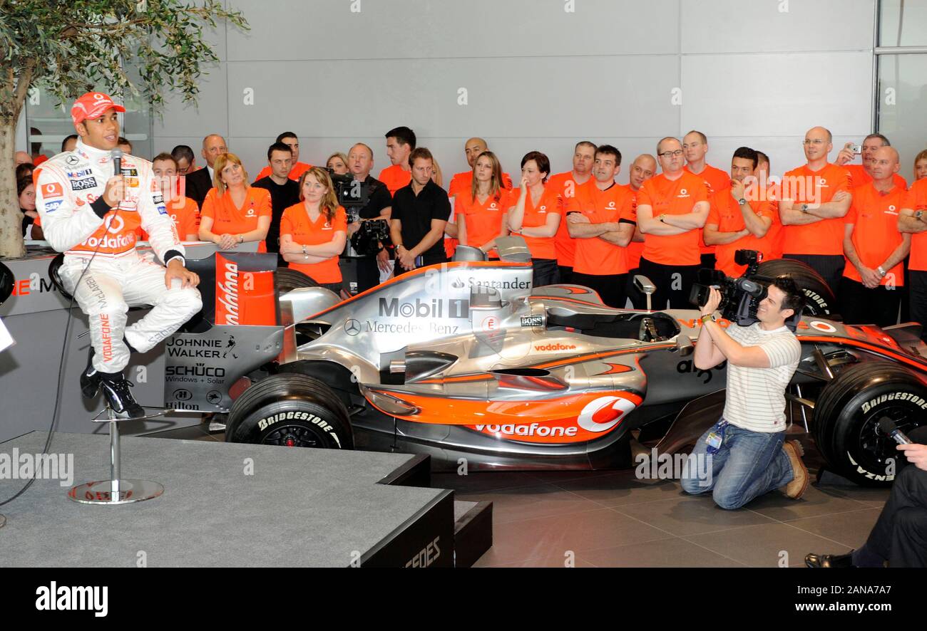 Lewis Hamilton meeting with staff working at McLaren in Woking to thank ...