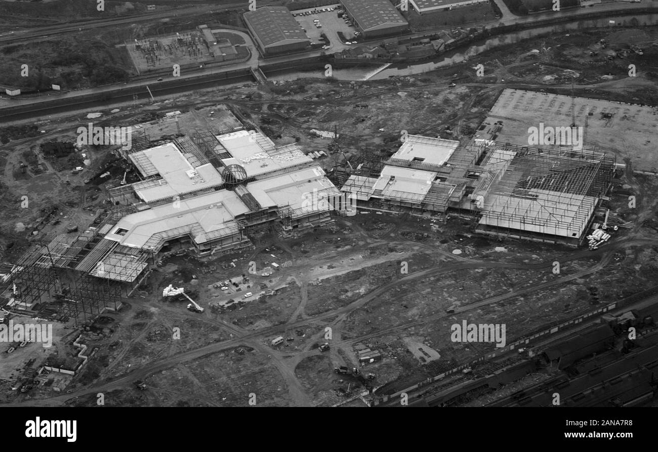 Meadowhall Shopping Centre Sheffield, under construction in 1988, shot from the air, South ...