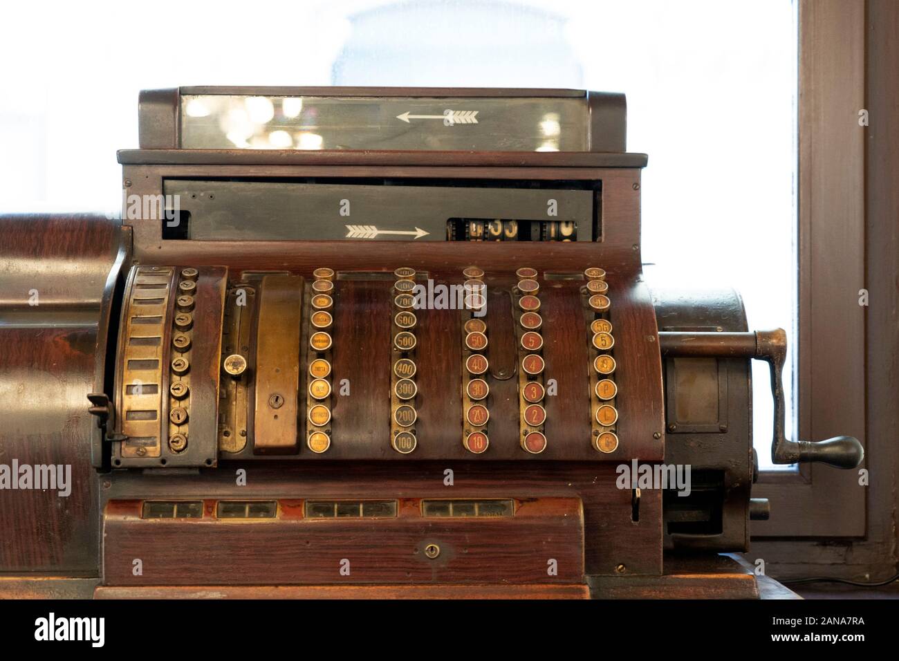 old ancient wood cash register detail Stock Photo - Alamy