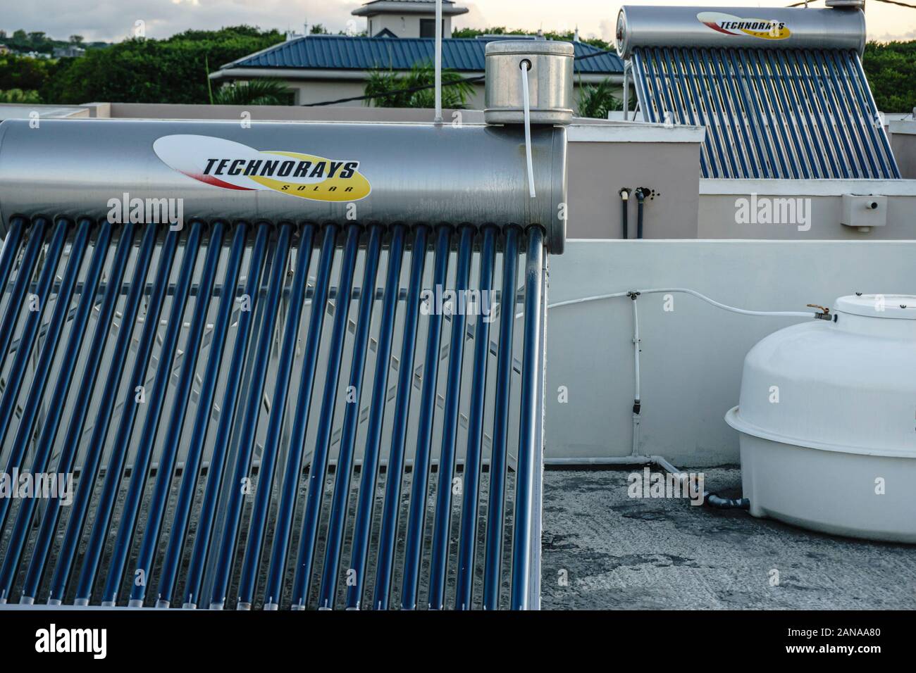 Mauritius, December 2015 - Solar panels installed on roofs of buildings ...