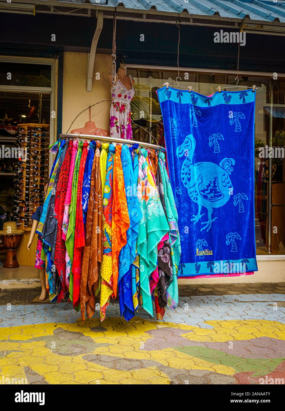 Mauritius, Dec 2015 - Souvenir shop displays pareos, towels and local ...