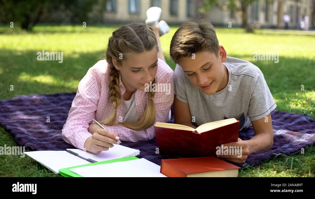 Students studying, lying on plaid in park, reading and making notes ...
