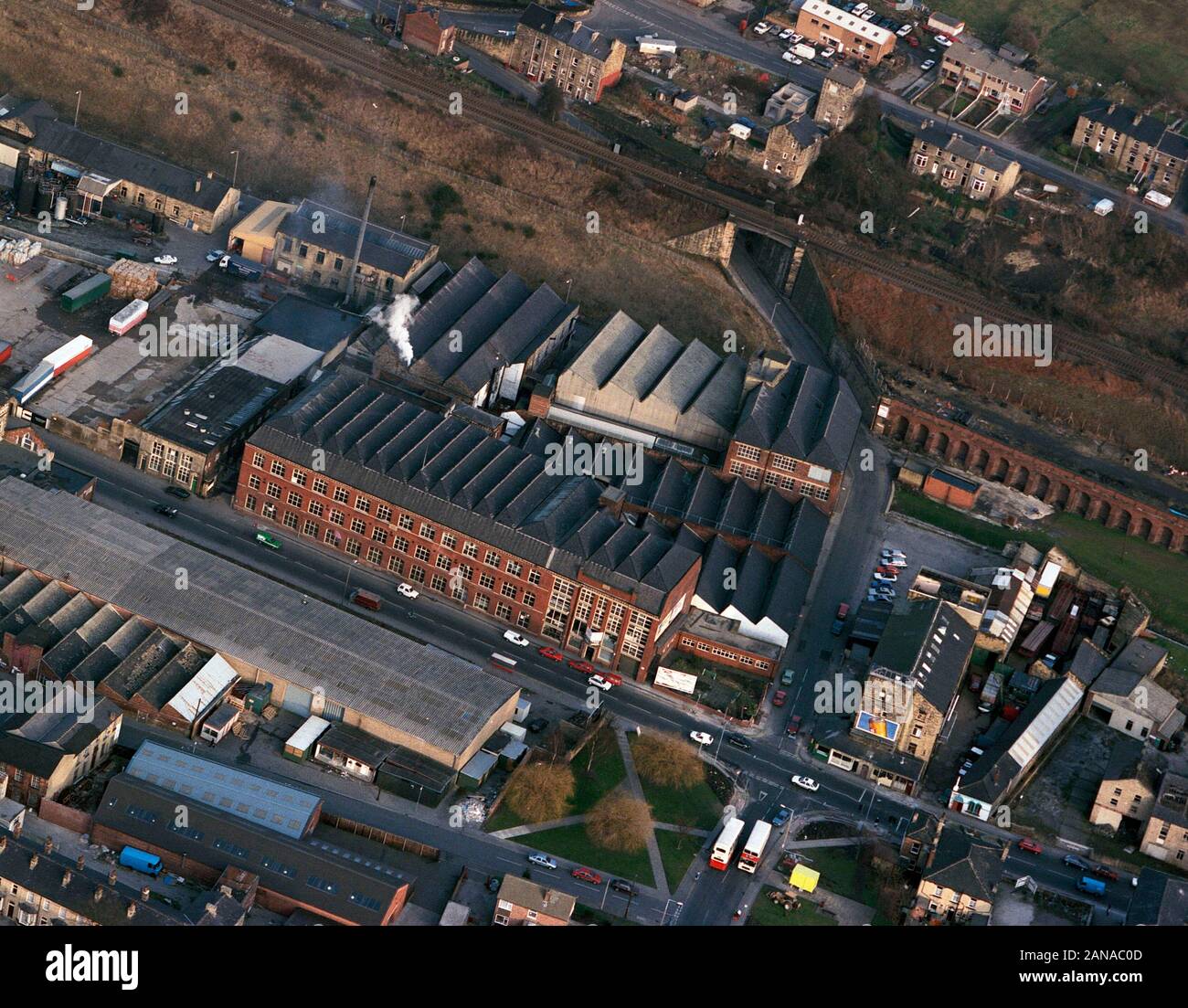 1992, an aerial view of a mill building, Batley, West Yorkshire ...