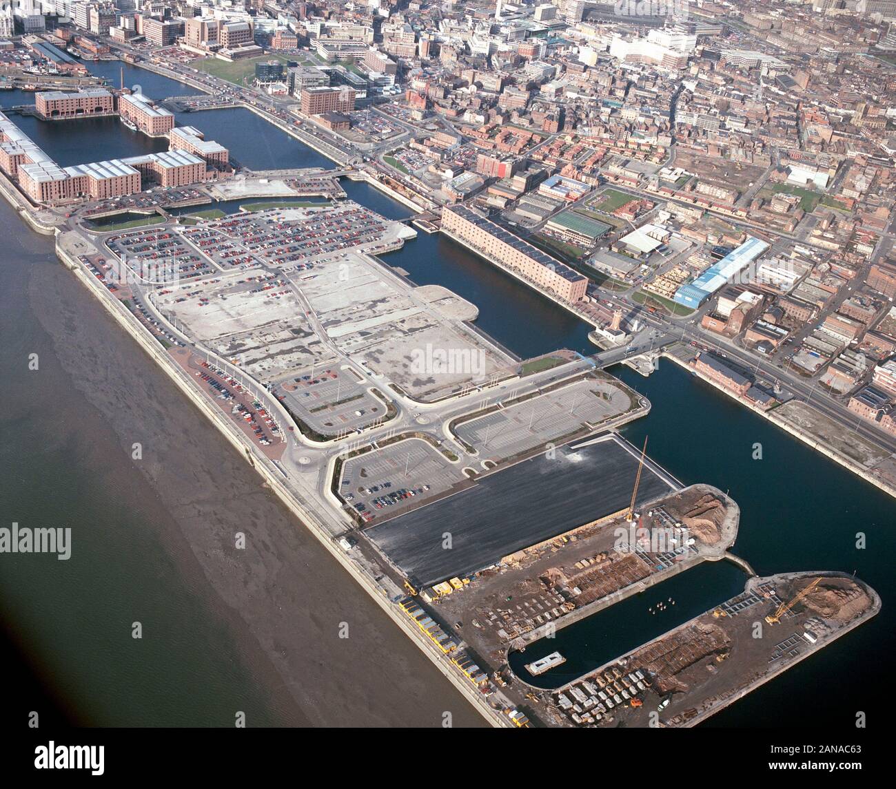 An aerial view of Liverpool Docks, in 1992, now the site of the arena ...
