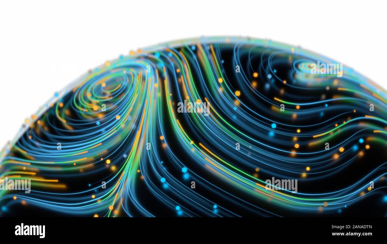 Neon glowing twisted cosmic lines on the surface of the planet ...