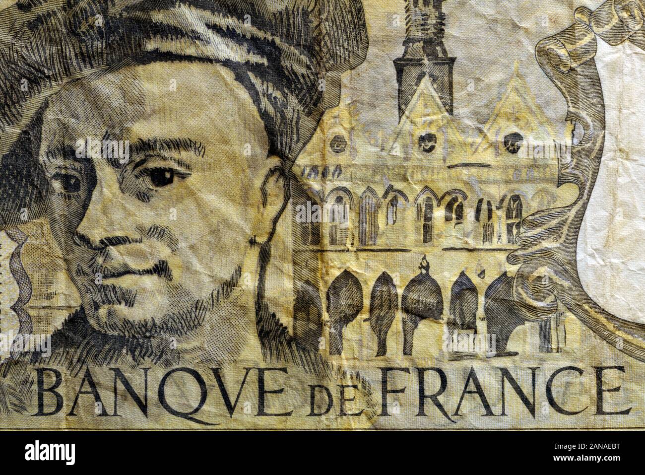 Close-up at an ancient, outdated fifty Francs French banknote. Details ...
