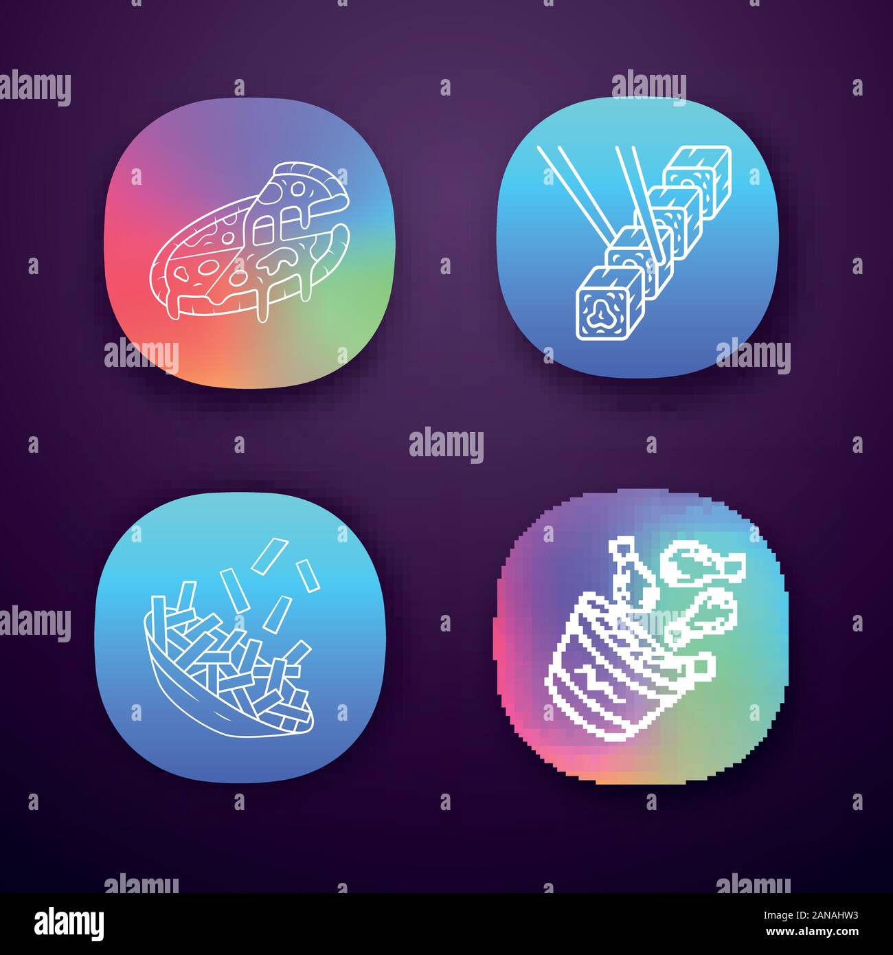 Fast food app icons set. Pizza, french fries, chicken drumsticks, sushi ...