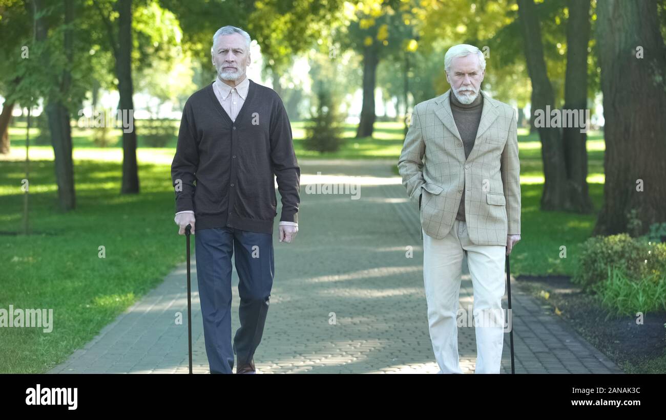 Two old upset men walking in park and talking about life, problems in ...