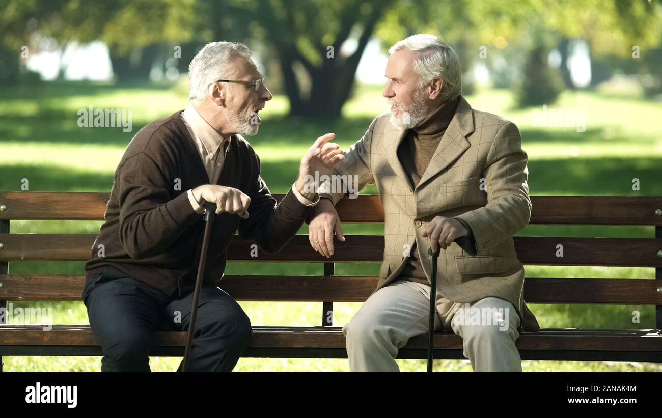 Gray friends spending time on bench in park breathing fresh air and ...