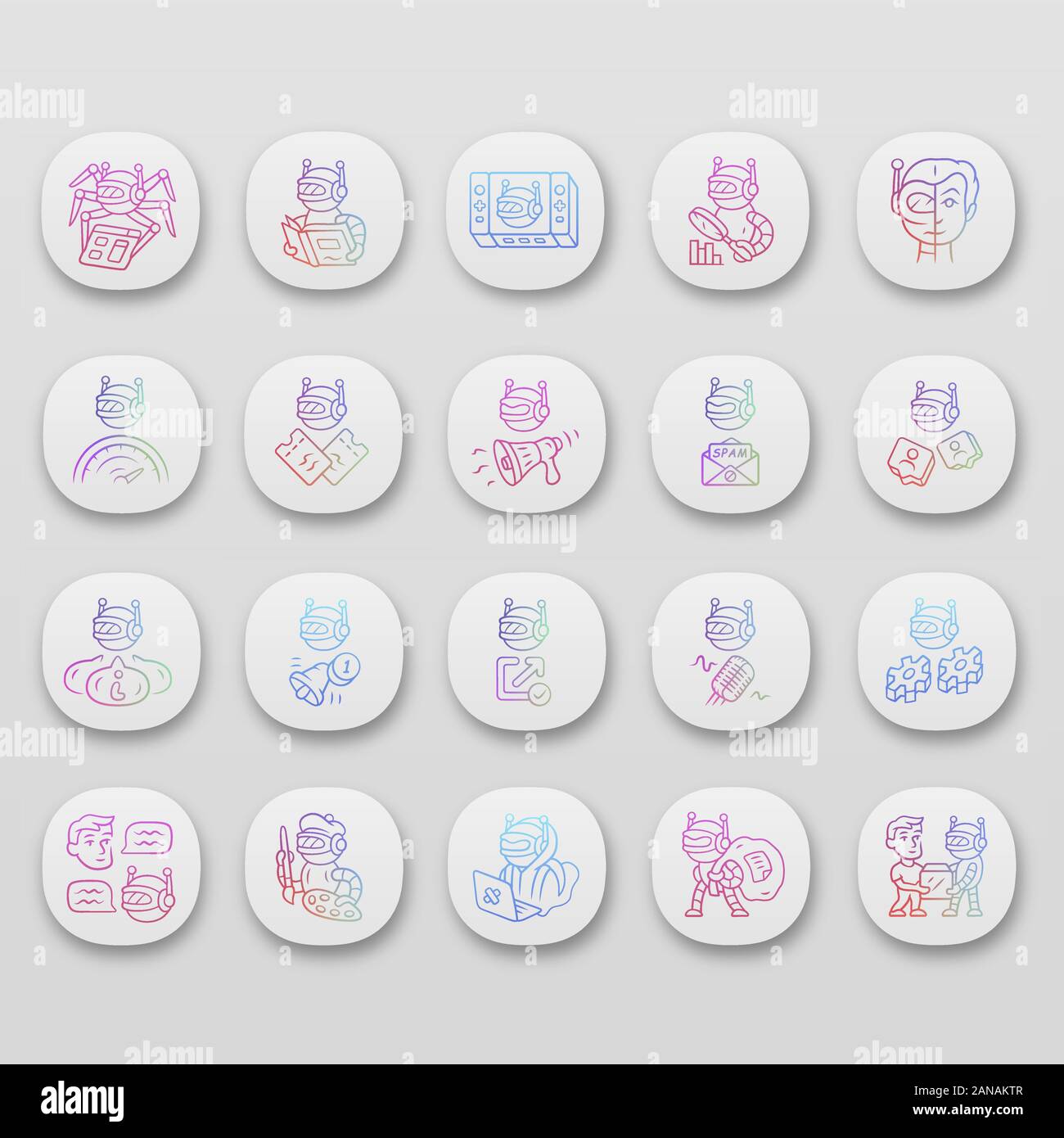 Bot types app icons set. Crawler, hacker, spambot, impersonator, scraper, propaganda robot ...