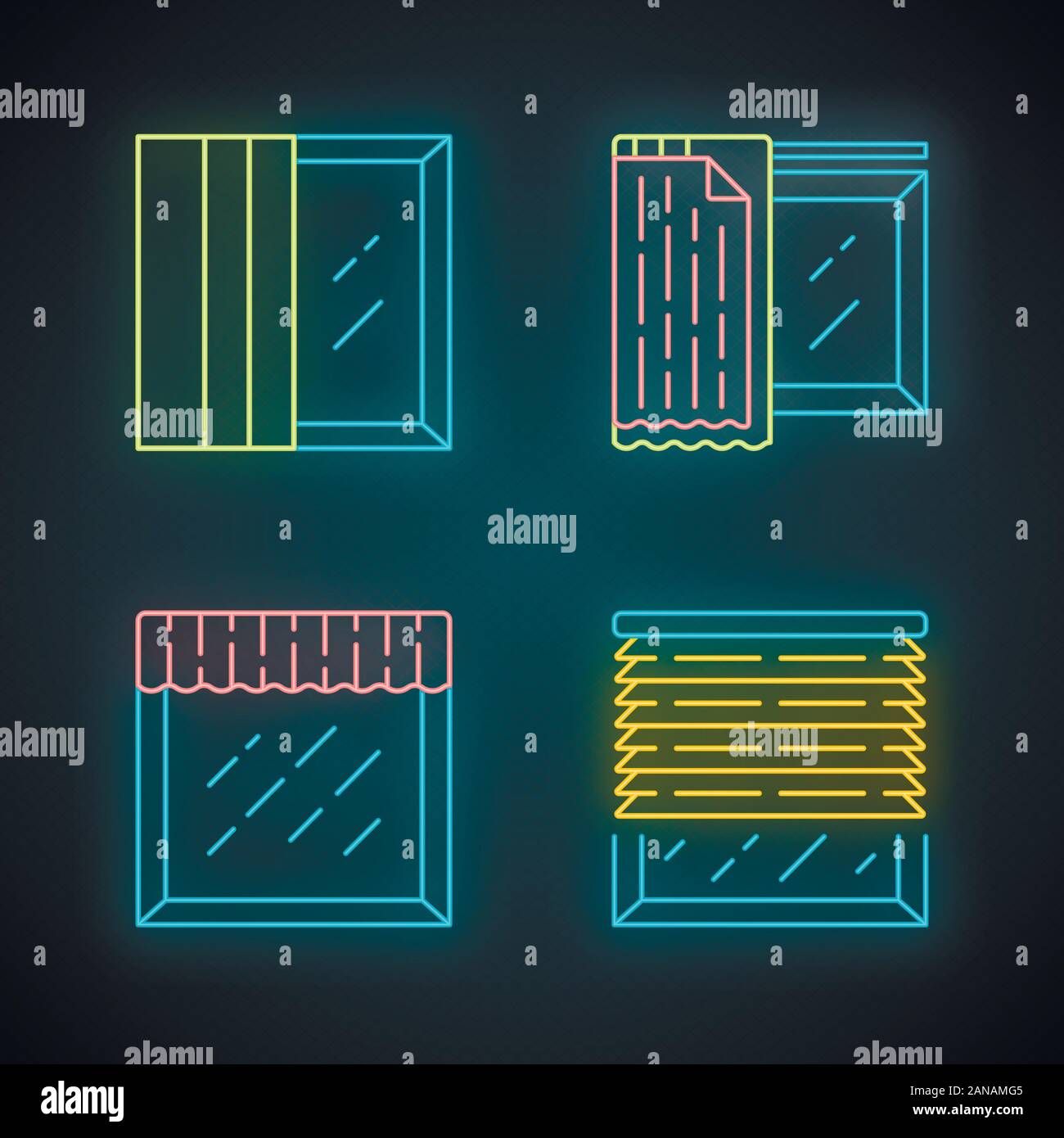 Window treatments neon light icons set. Panel tracks, liner, valance ...