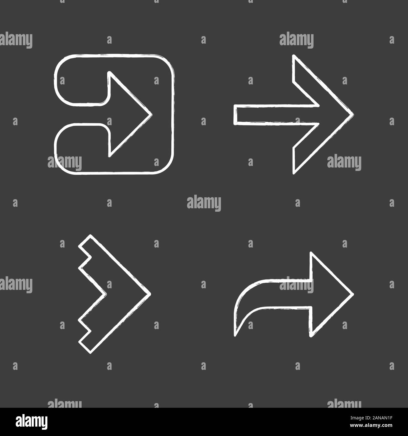 Arrow types chalk icons set. Forward, right, curved, geometric arrows ...