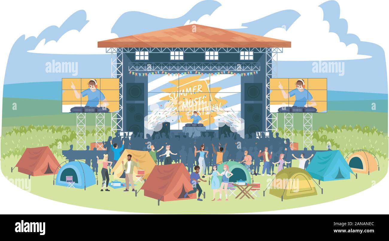 Summer camping DJ festival flat vector illustration. People at ...