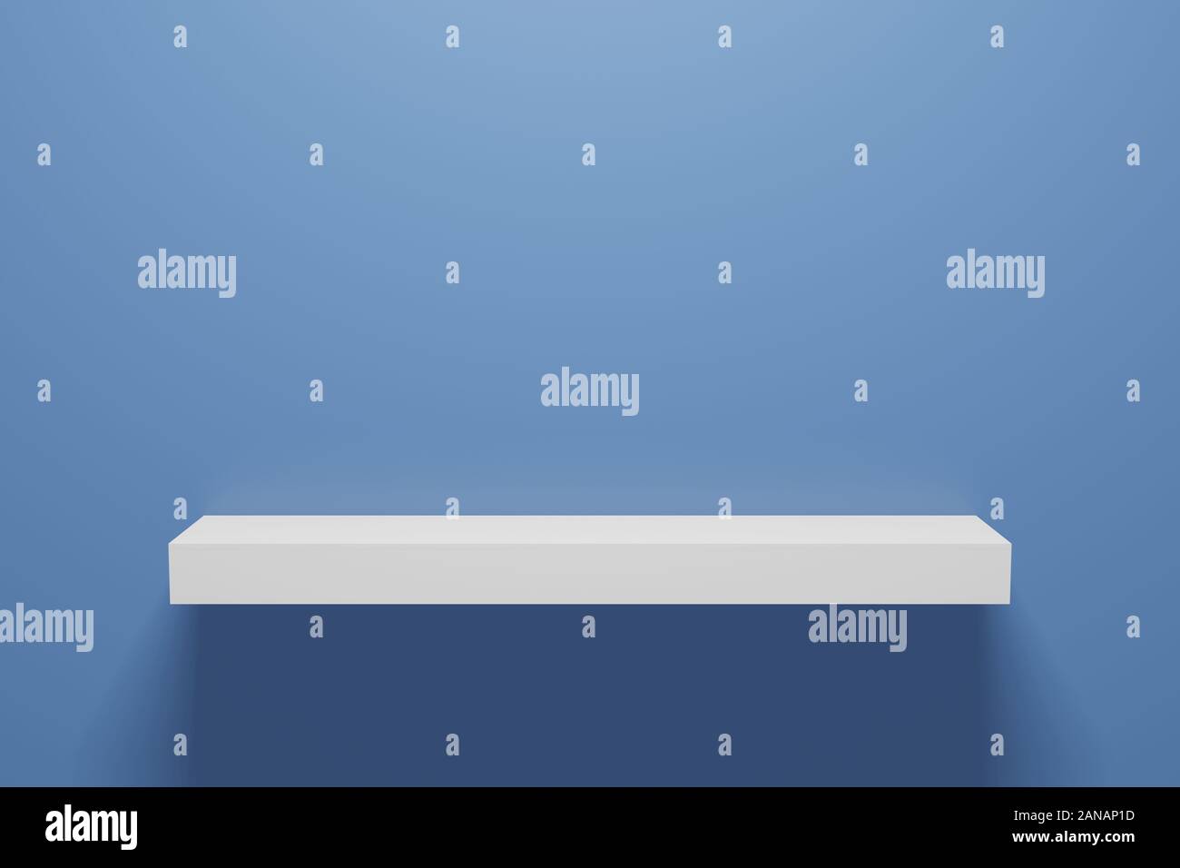Realistic 3D rendering. Front view of empty shelf on blue wall ...