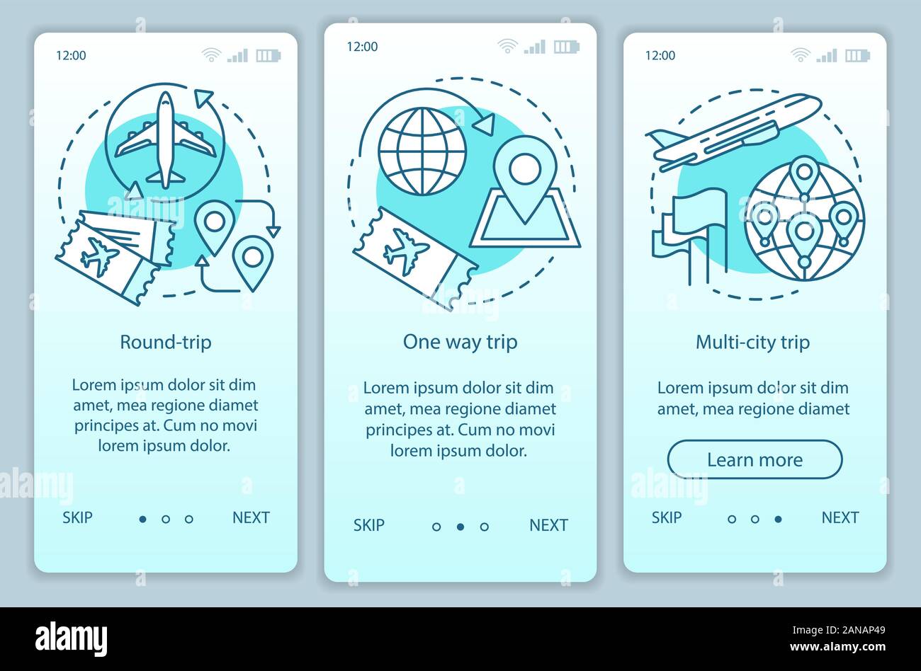 Aircraft flight ticket turquoise onboarding mobile app page screen ...