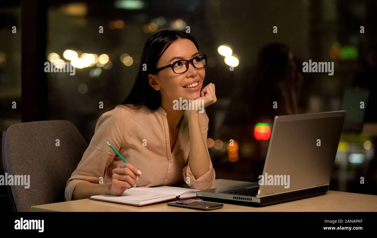 Dreaming pretty lady thinking of ideas sitting late in cafe, creative ...