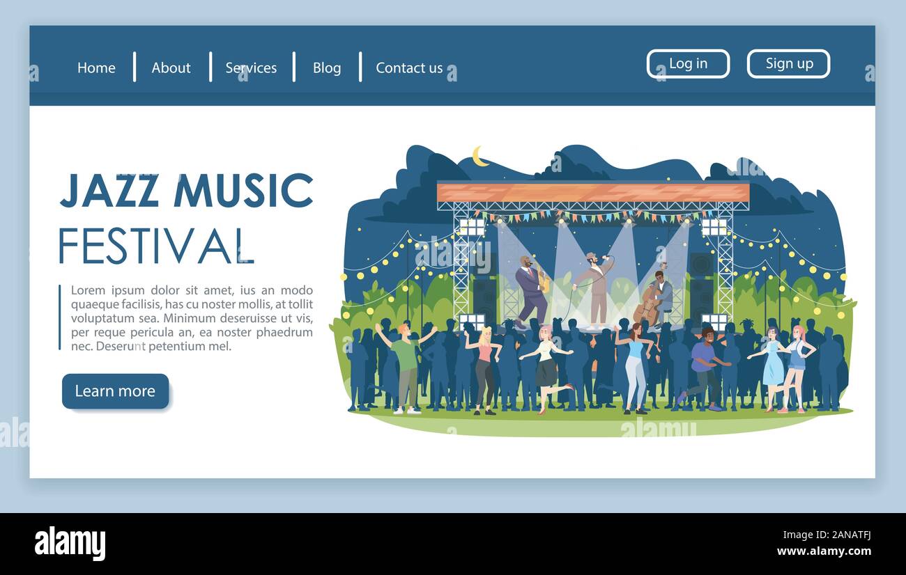 Jazz music festival landing page vector template. Night retro party ...