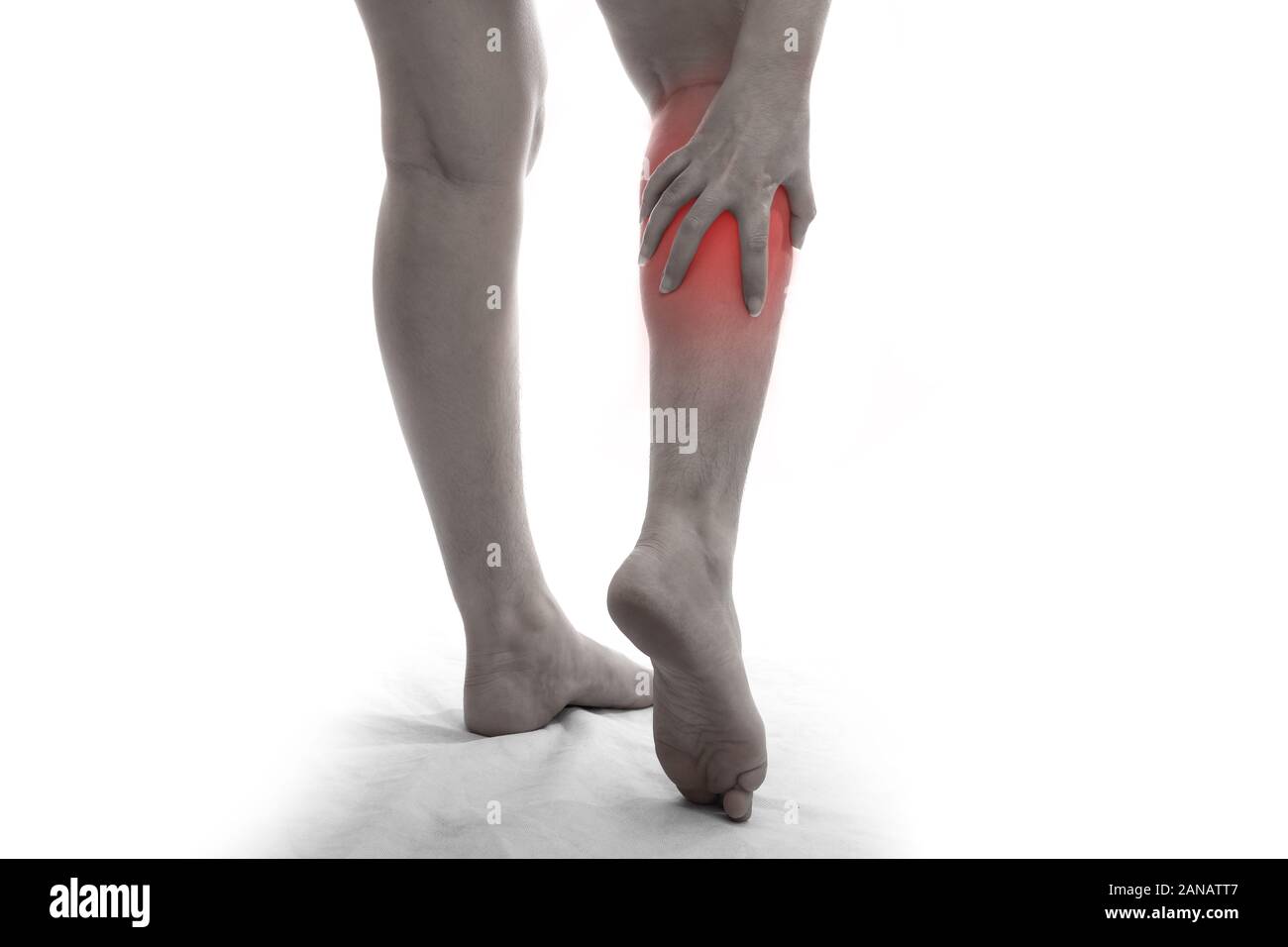 Woman with calf feeling pain on white background, women suffering from ...