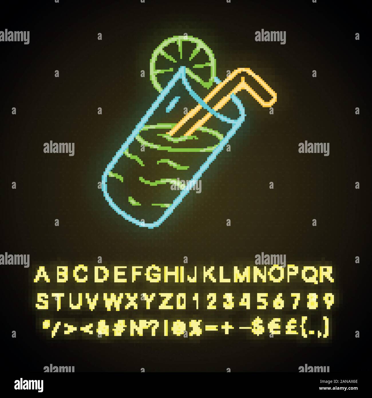 Lemonade glass with straw neon light icon. Summer refreshment drink ...