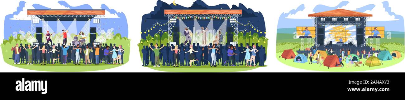 Summer music festival flat vector illustrations set. Rock, jazz ...