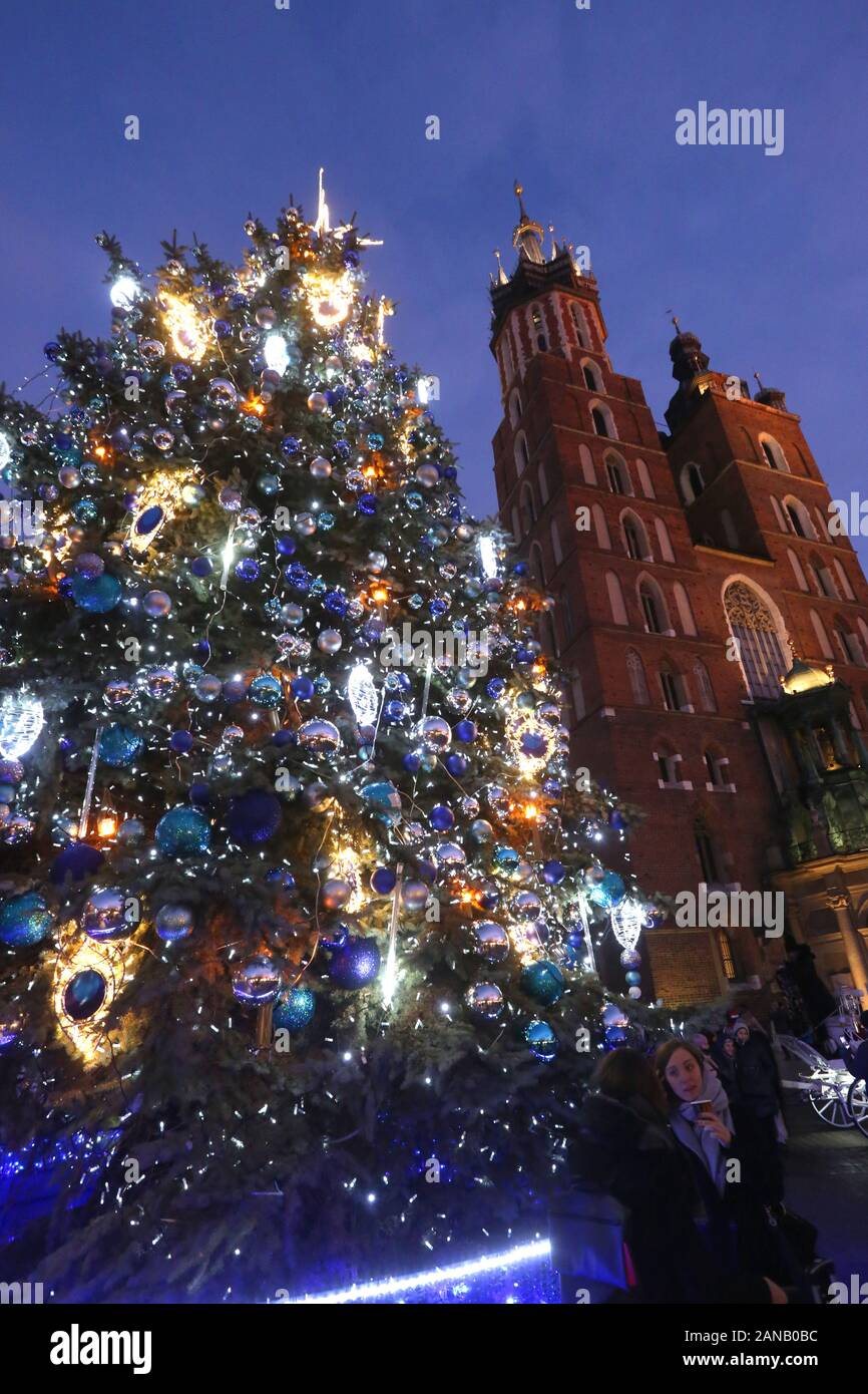 Cracow. Krakow. Poland. Christmas tree illuminated in front of St. Mary ...